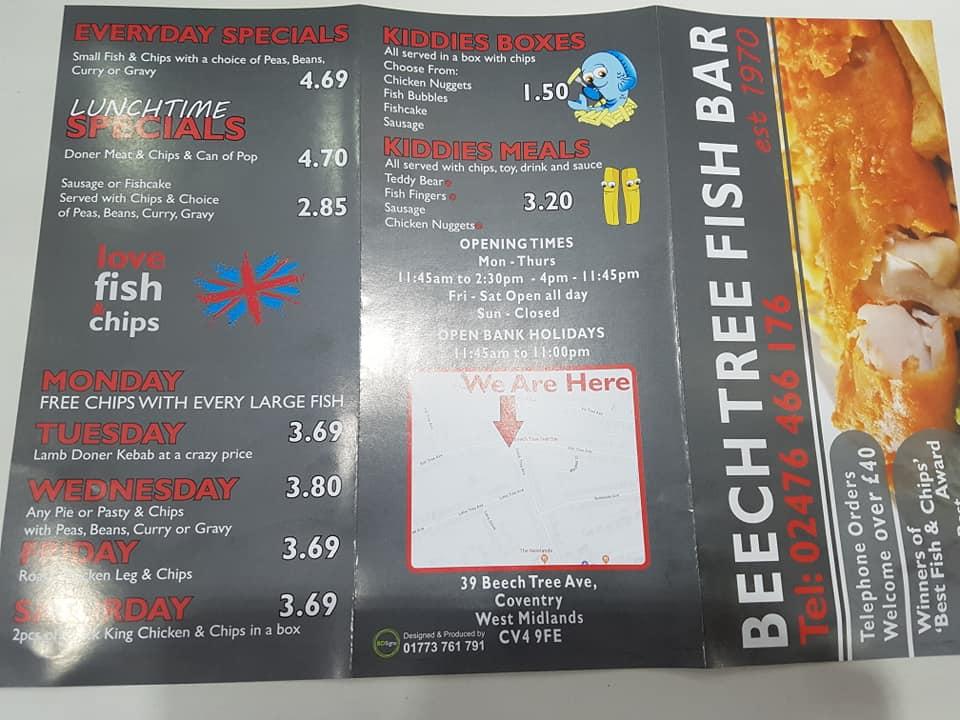 Menu at Beech Tree Fish Bar, Coventry