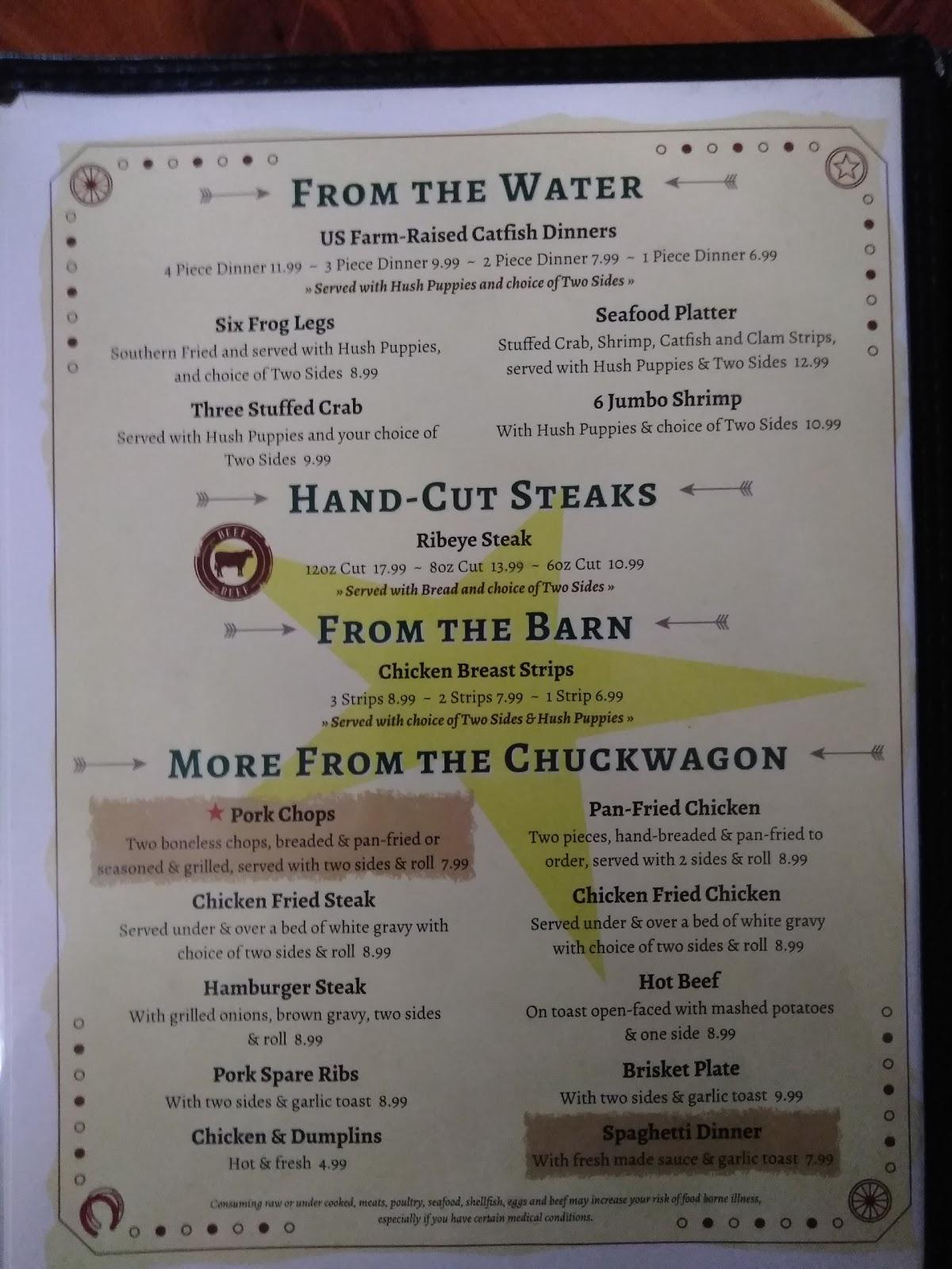 Menu at Willie's Wagon Wheel Café restaurant, Van Buren
