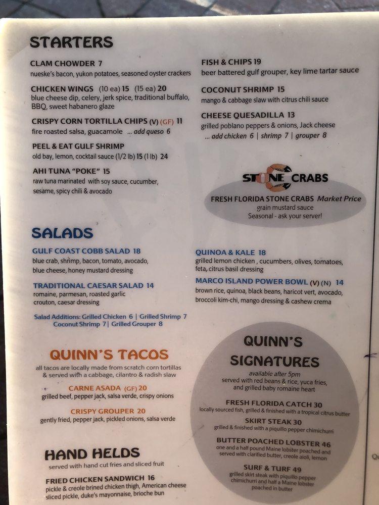 Menu at Quinn's on the Beach steakhouse, Marco Island