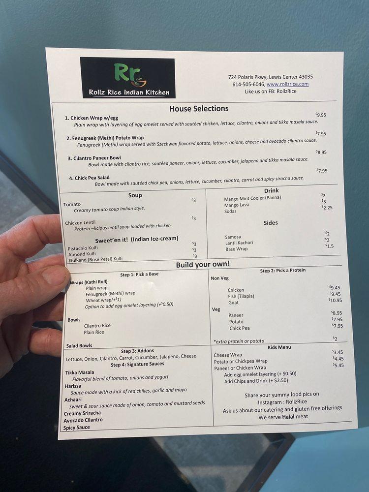 Menu at Rollz Rice Indian Kitchen restaurant, Lewis Center, 724 Polaris ...