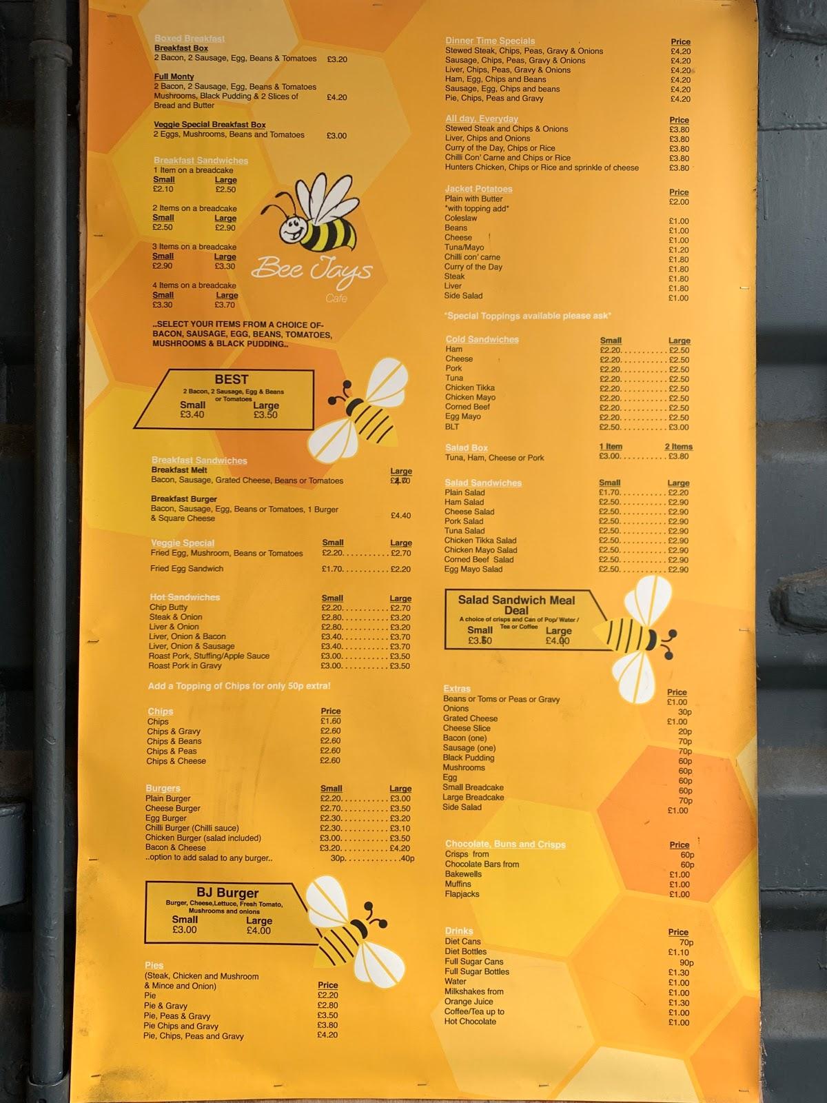 Menu at Bee Jay's Cafe, Rotherham