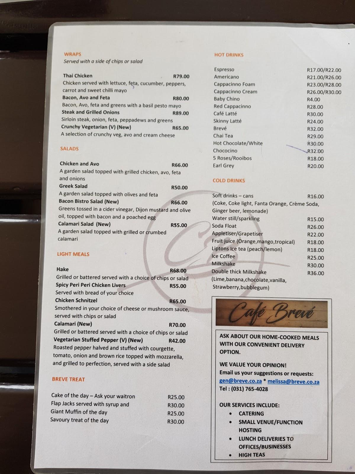 Menu at Café B restaurant, Hillcrest, Main entrance to Richdens Centre