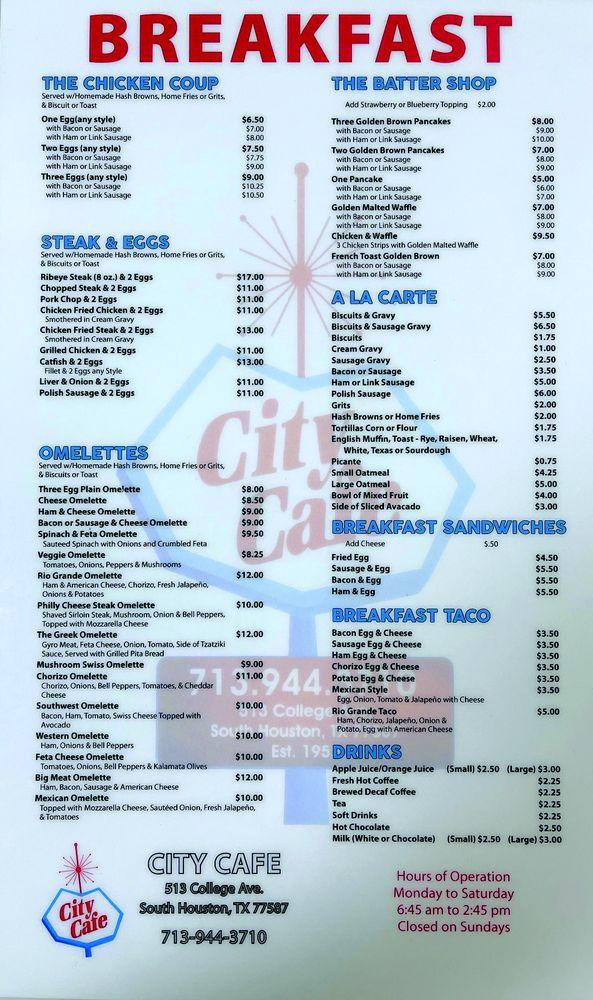 Menu at City Cafe, South Houston, 513 College Ave