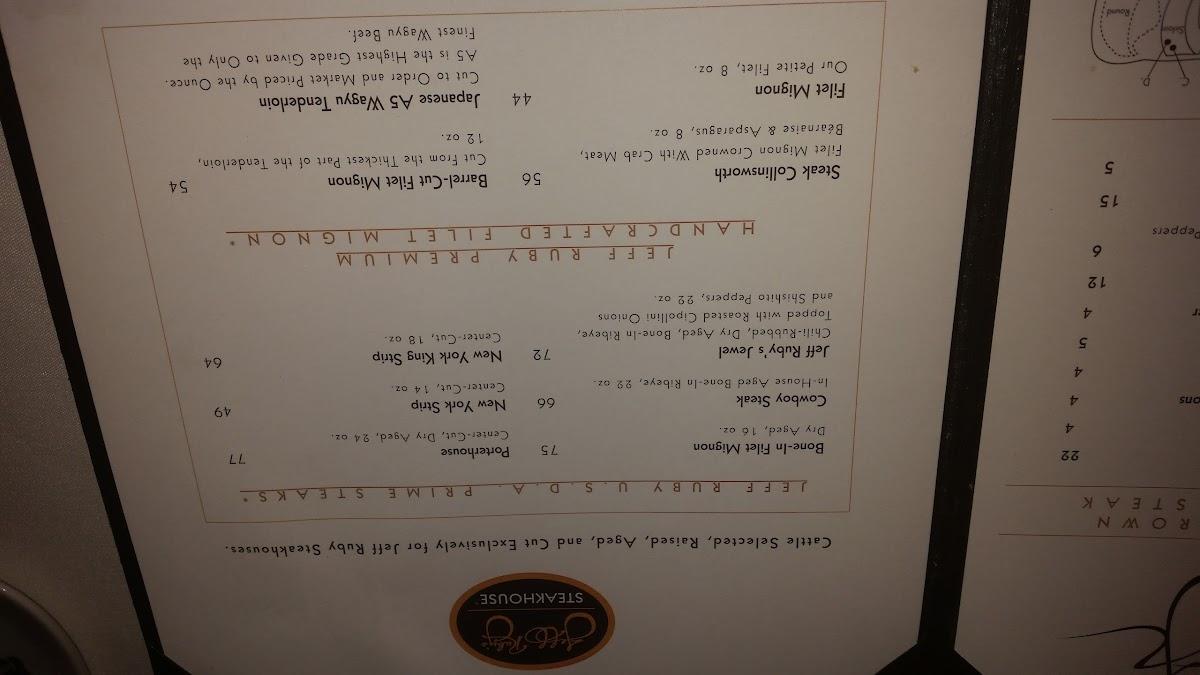 Menu at Jeff Ruby's Steakhouse, Louisville, Louisville