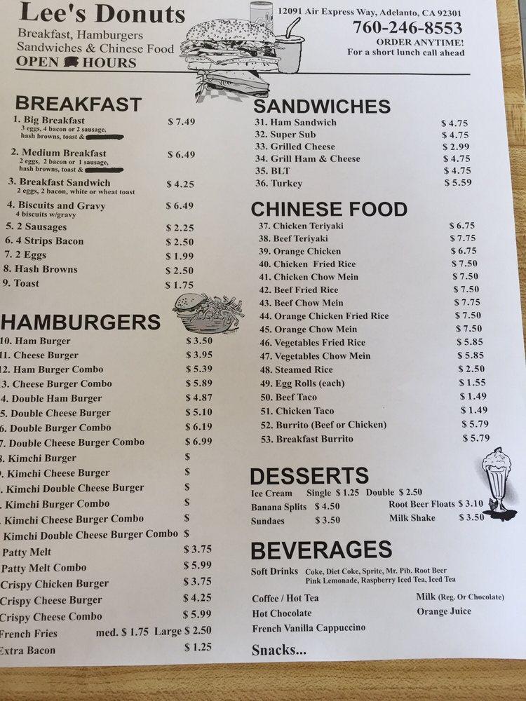 Menu at Lee's Donuts, Adelanto