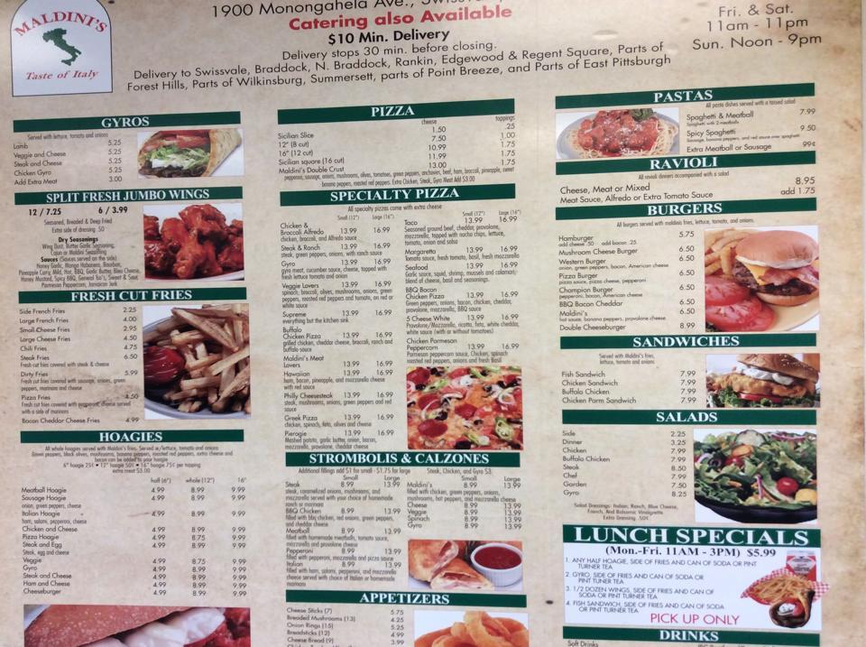 Menu at Maldini's Pizza pizzeria, Pittsburgh