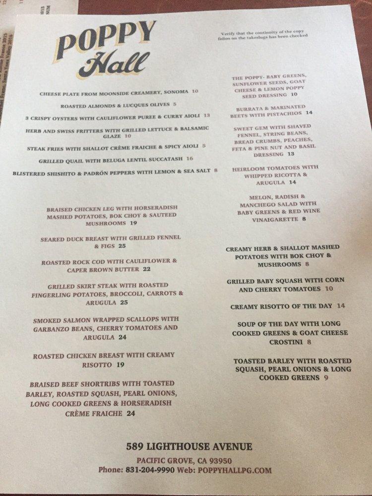 Menu at Poppy Hall restaurant, Pacific Grove
