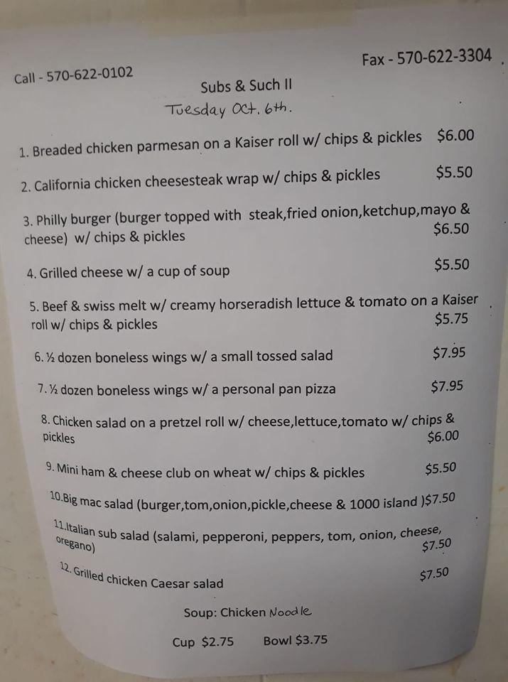 Menu at Subs N' Such restaurant, Pottsville