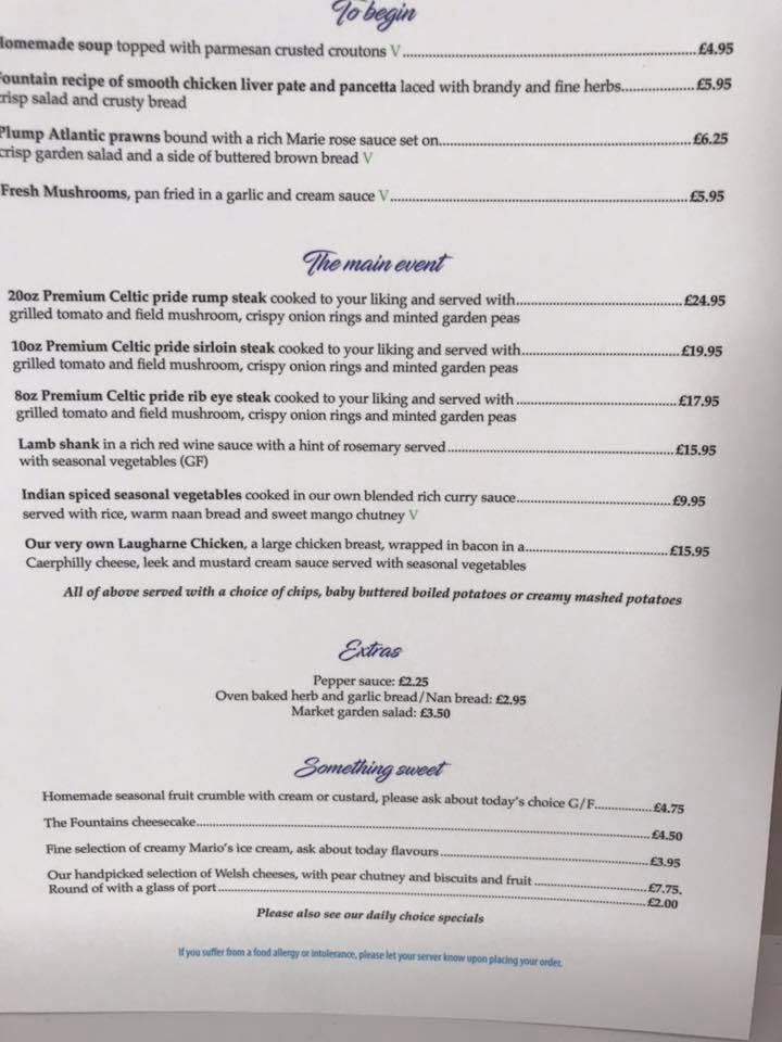 Menu at The Fountain Inn pub & bar, Laugharne