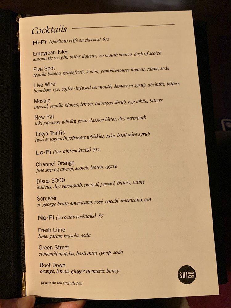 Menu at Bar Shiru, Oakland, Telegraph Ave #100