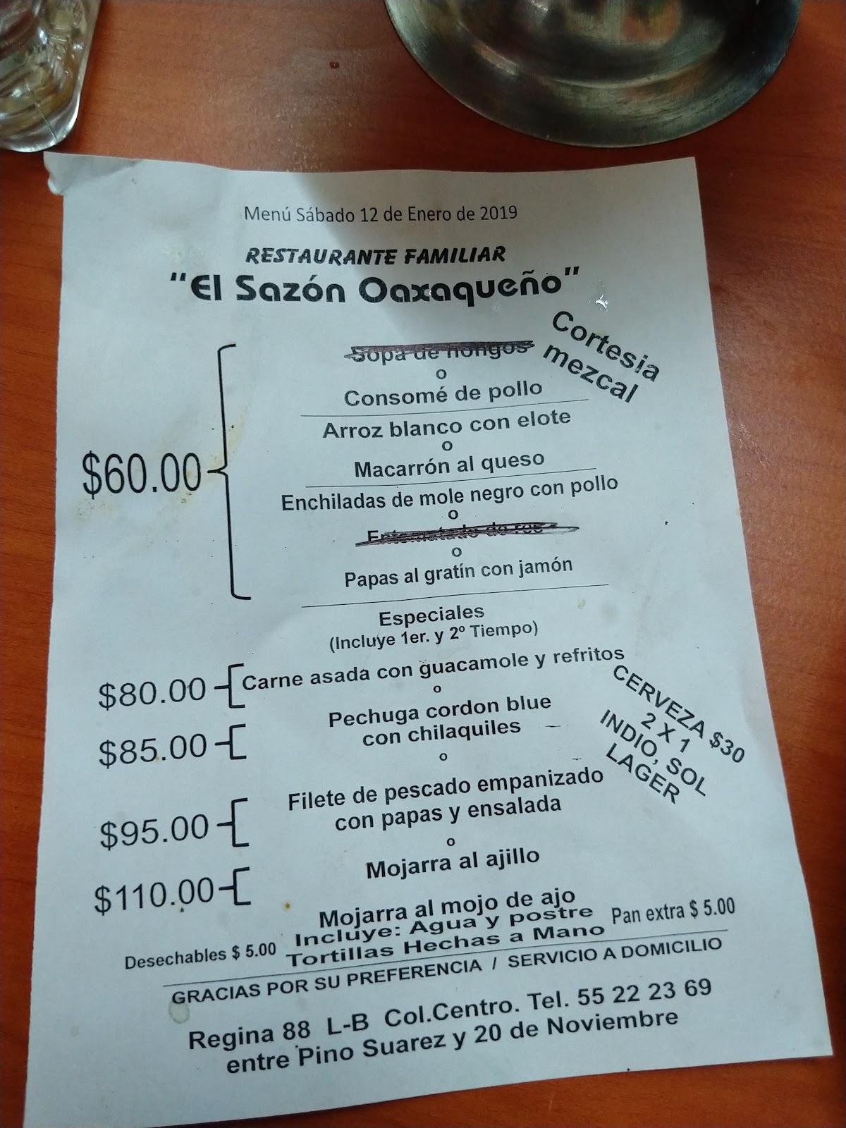 Carta del restaurante El Sazón Oaxaqueño Regina, Mexico, Regina 88