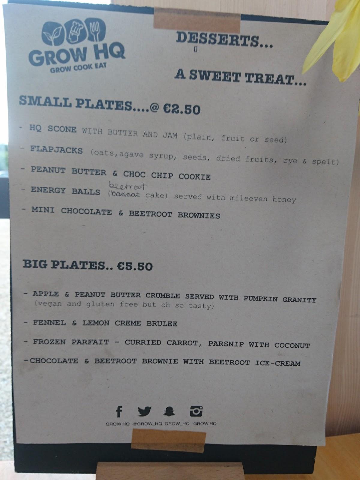 Menu at GROW HQ cafe, Waterford