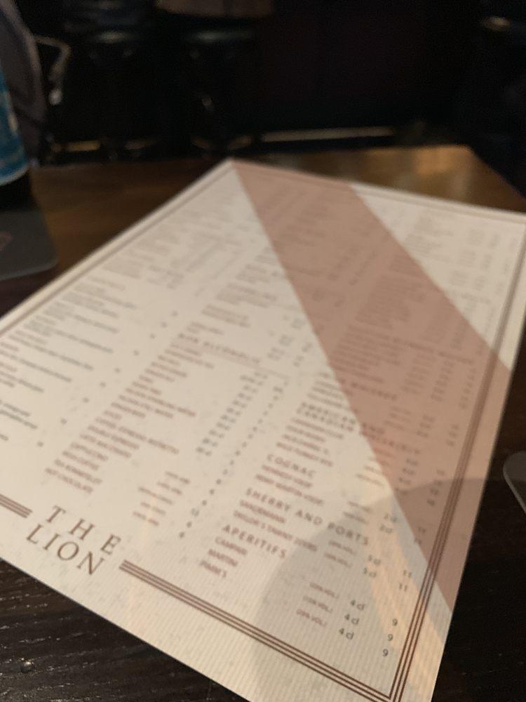 Menu at The Lion Pub, Zürich