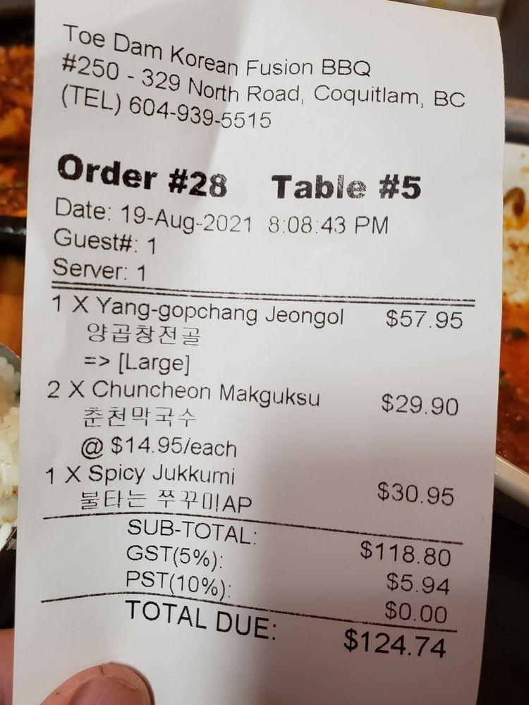 Menu at Toe Dam Korean Fusion BBQ, Coquitlam