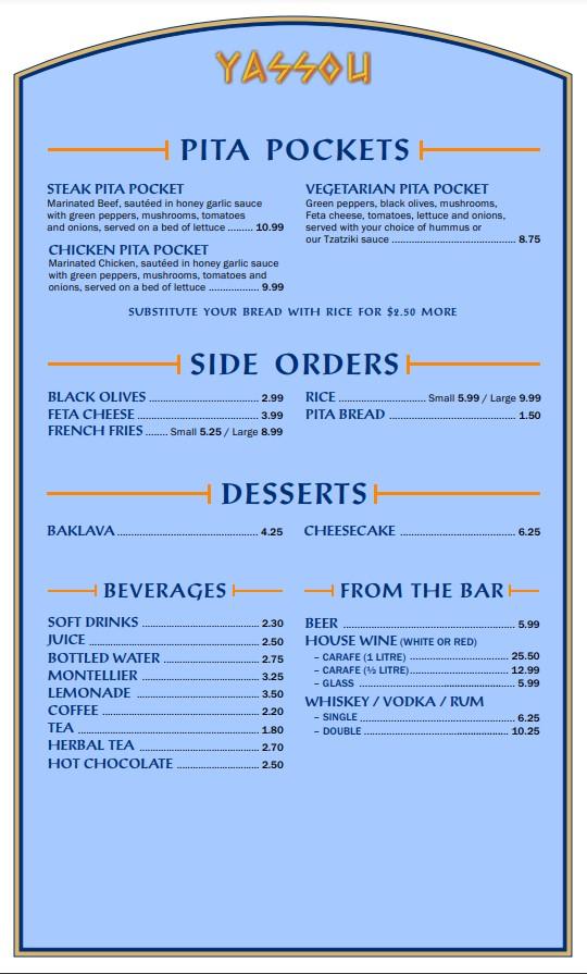 Menu at Yassou Souvlaki & Donair fast food, Fredericton