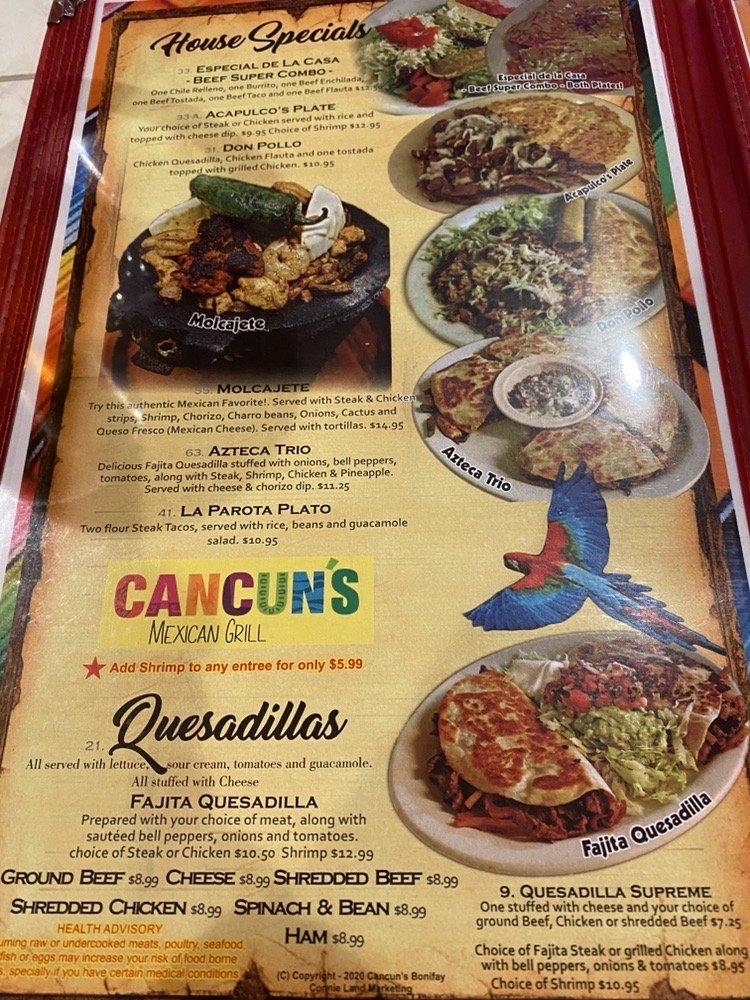 Menu at Cancun Mexican Grill restaurant, Bonifay, S Waukesha St