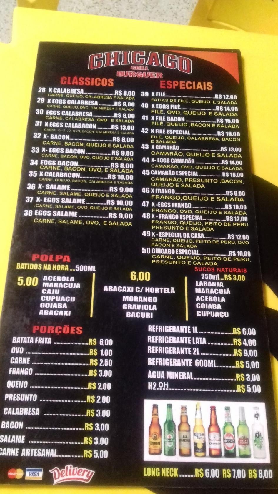 Menu at Chicago Grill Burguer restaurant, Belém