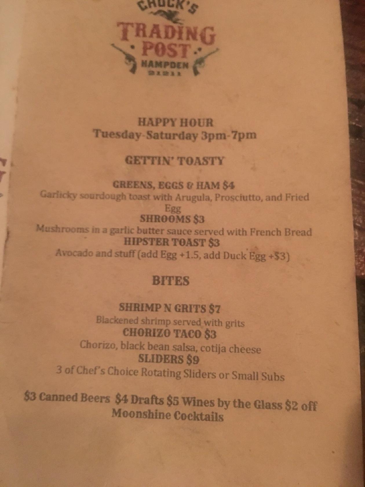 Menu at Chuck's Trading Post restaurant, Baltimore