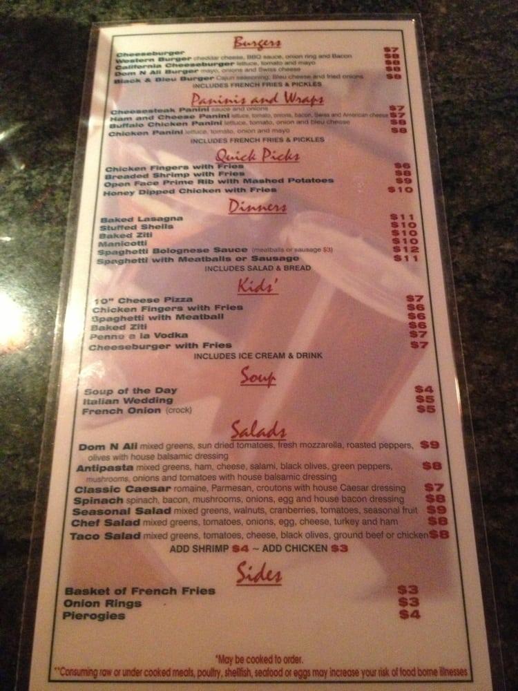 Menu at Dom N Ali steakhouse, Jim Thorpe
