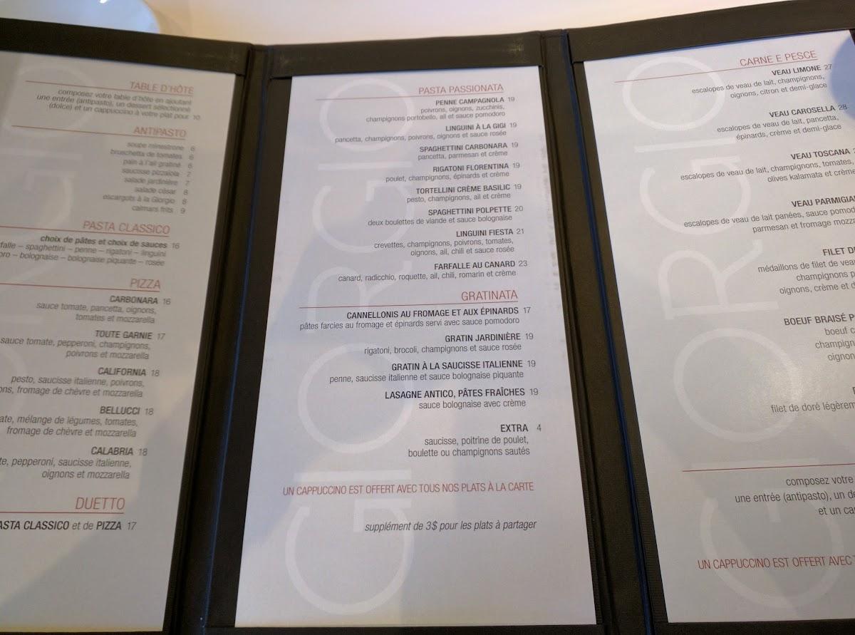 Menu au Giorgio Ristorante pizzeria, Boucherville