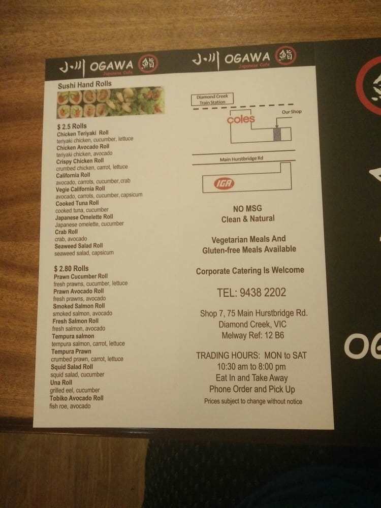 Menu at Ogawa Japanese Cafe, Diamond Creek