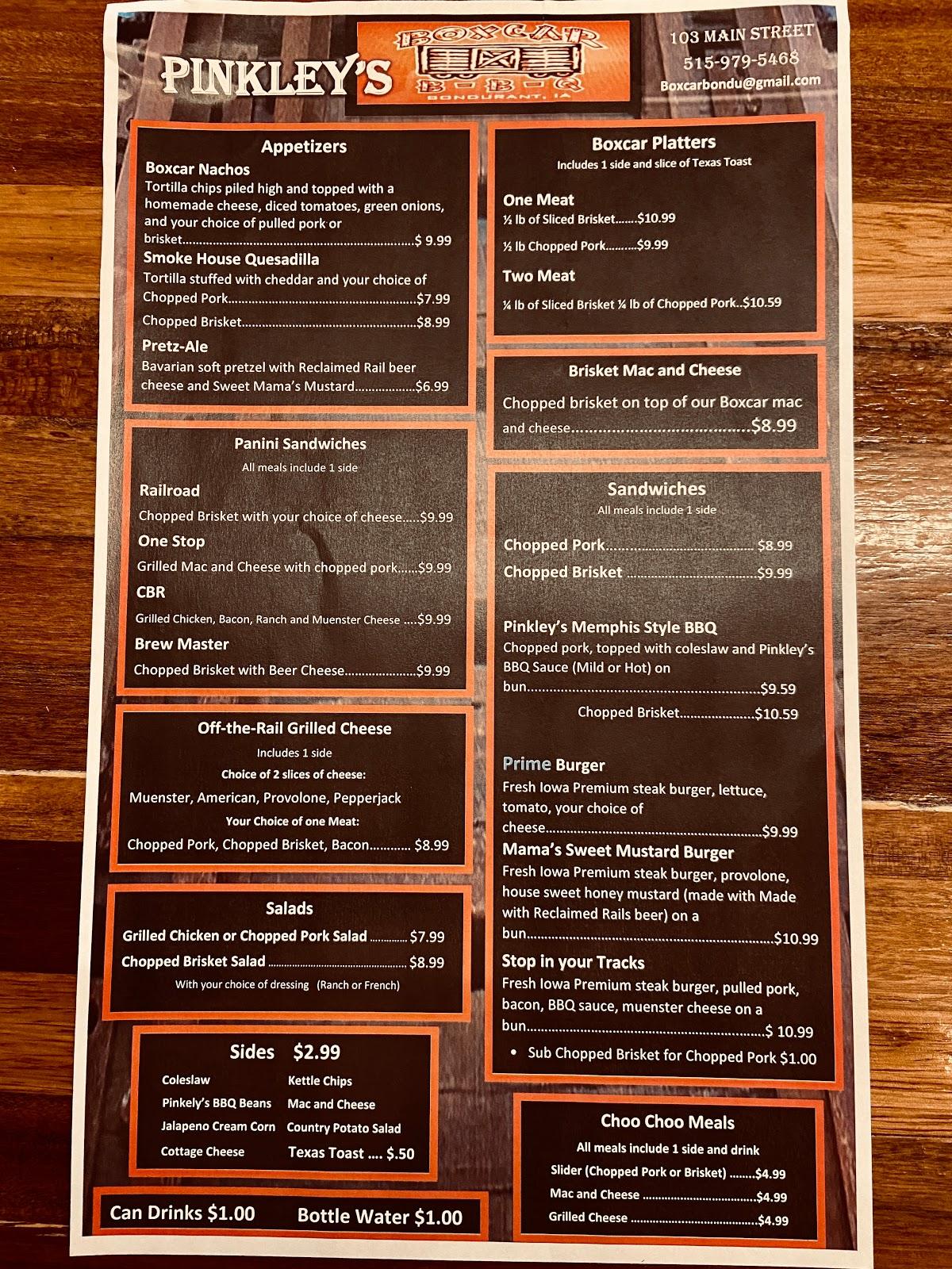 Menu at Pinkley's Boxcar BBQ, Bondurant