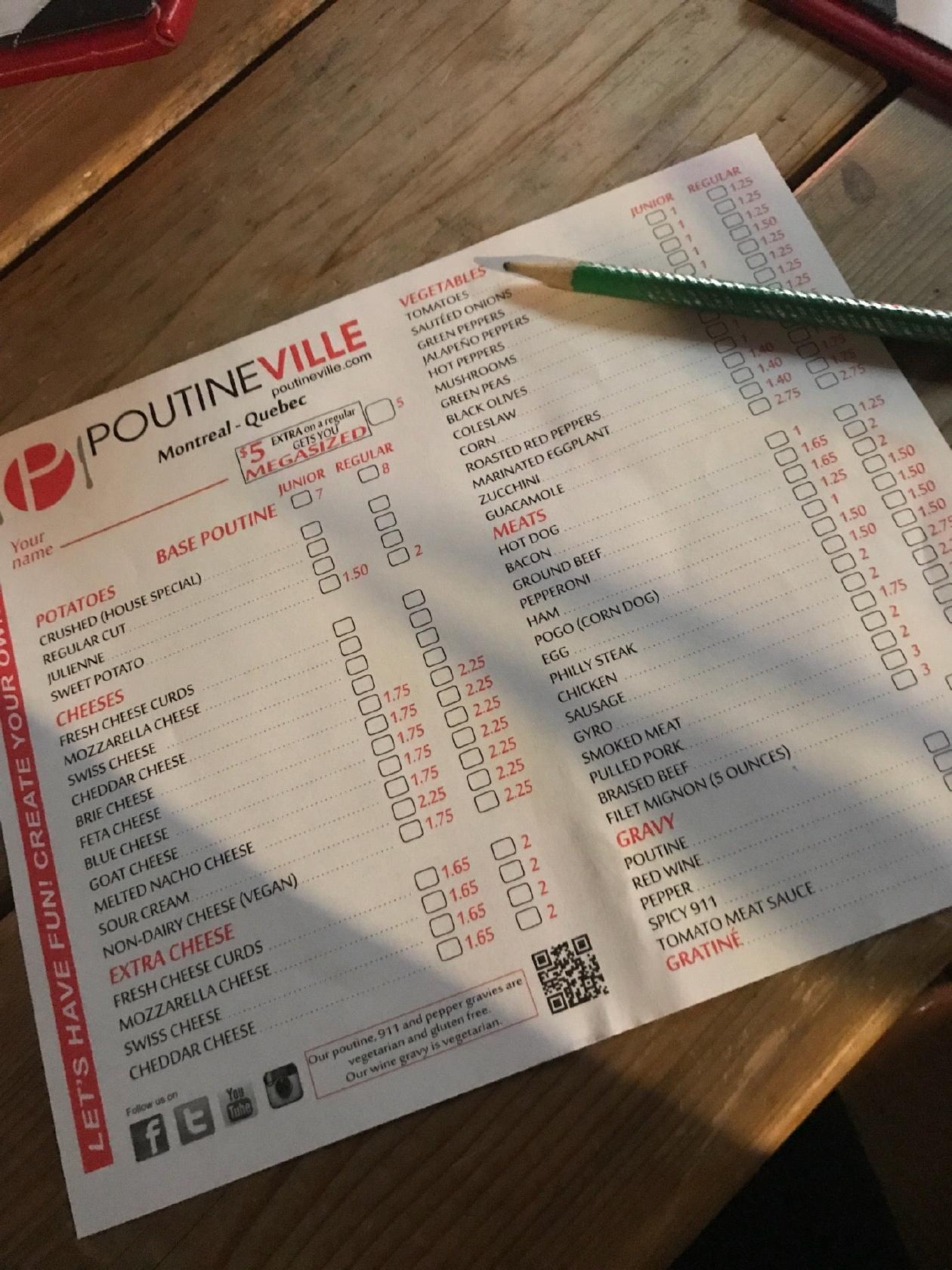 Menu at Poutineville restaurant, Québec City