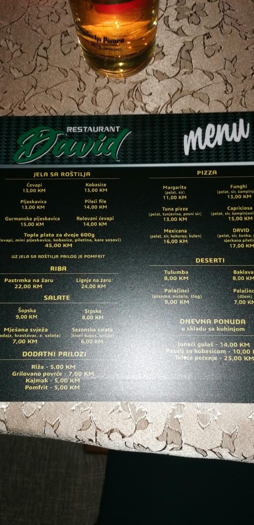 Menu at Restoran David restaurant, Jahorina
