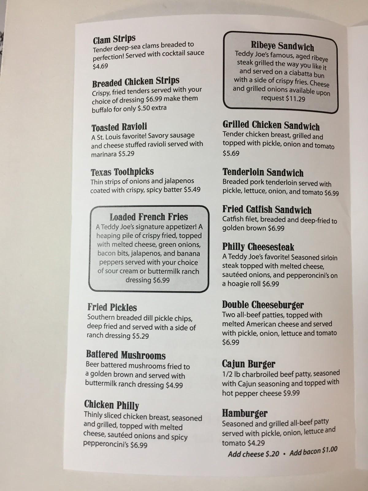 Menu at Teddy Joe's Bar & Grill, Martinsburg