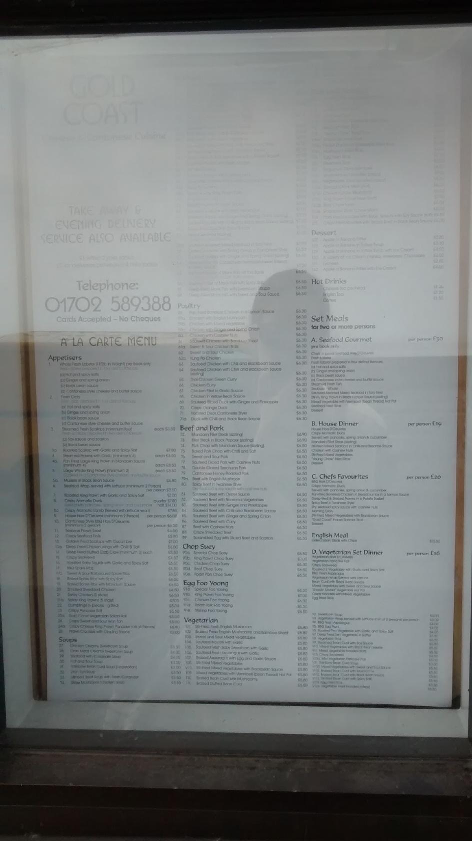 Menu at The Gold Coast Restaurant, Southend-on-Sea