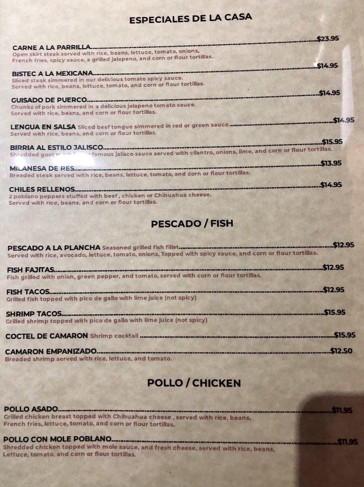 Menu at Mexico Uno restaurant, Palatine
