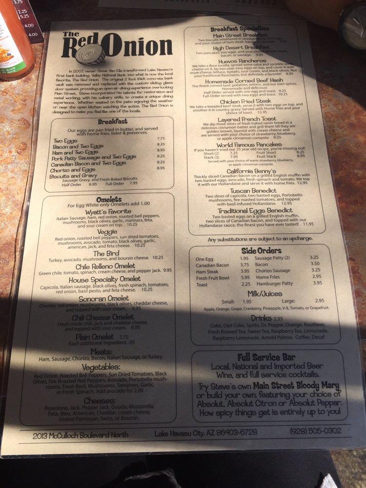 Menu at The Red Onion restaurant, Lake Havasu City