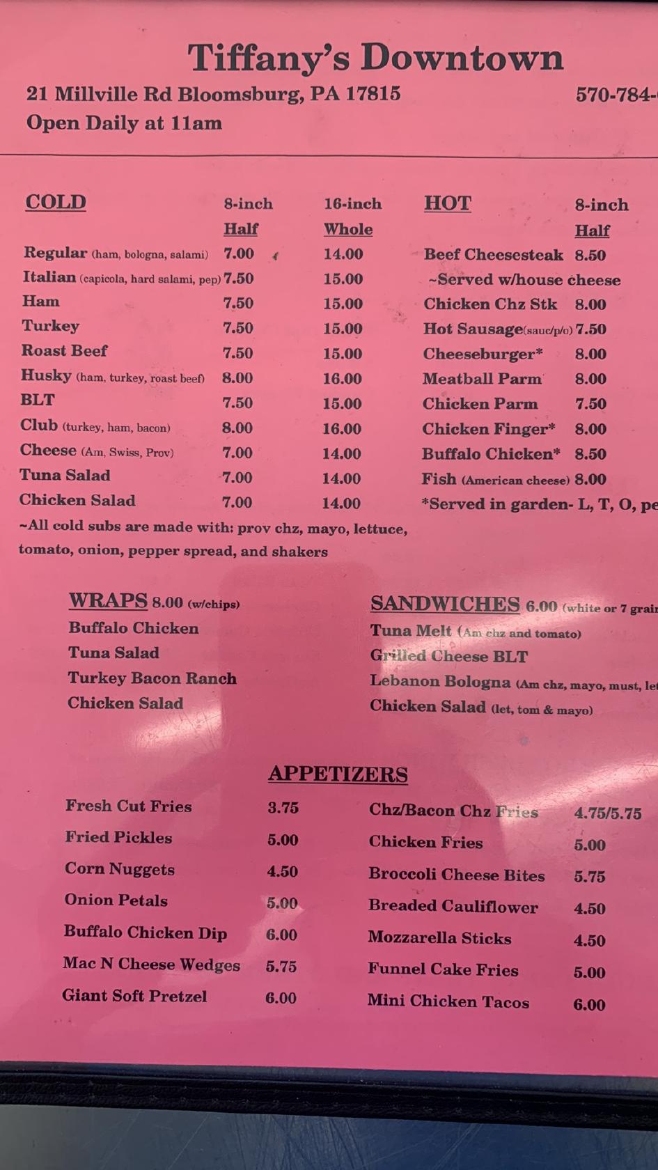 Menu at Tiffany’s Downtown restaurant, Bloomsburg