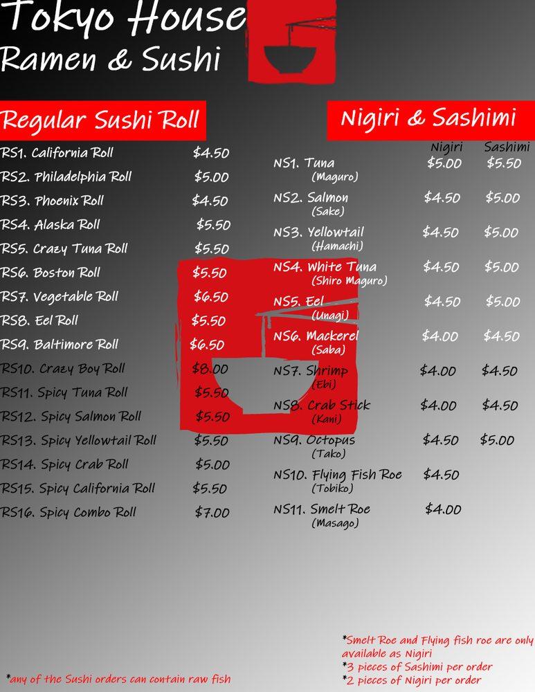 Menu at Tokyo House restaurant, Winder