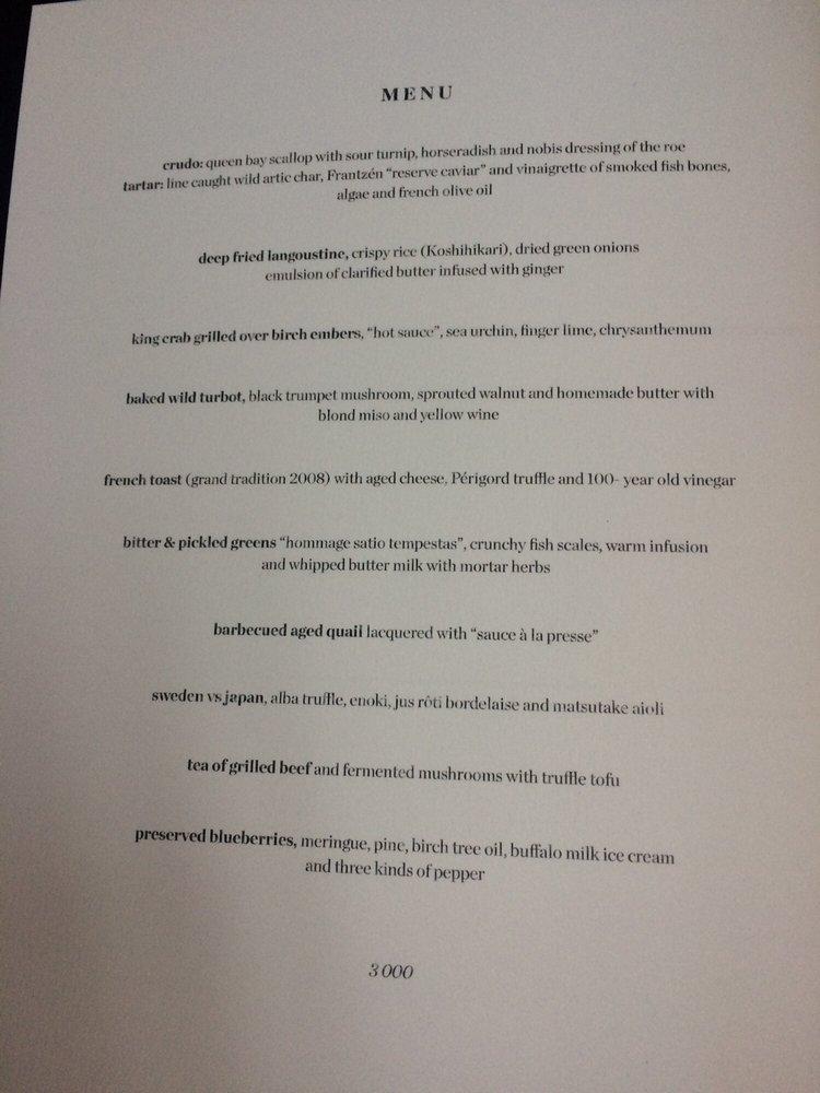 Menu at Frantzén restaurant, Stockholm, Klara Norra kyrkogata 26