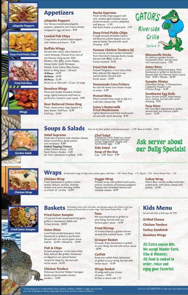 Menu at Gators Riverside Grille restaurant, Sanford