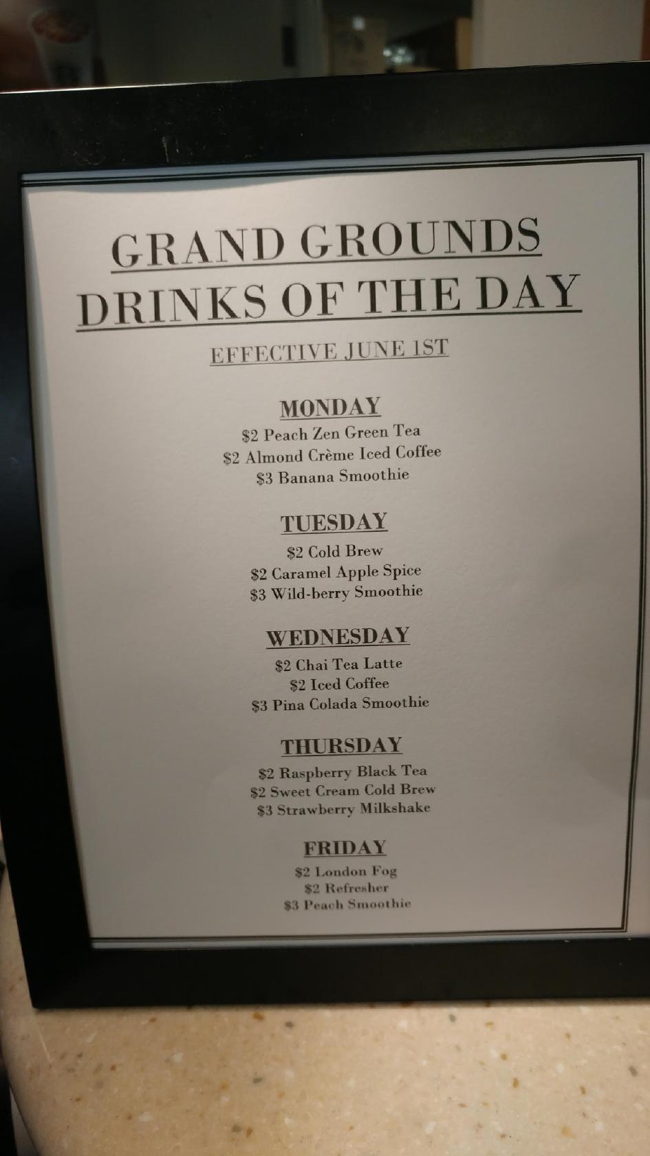 Menu at Grand Grounds, Norfolk