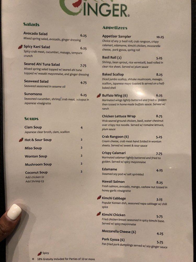 Menu at Green Ginger Asian Fusion Restaurant (PTC location), Peachtree City