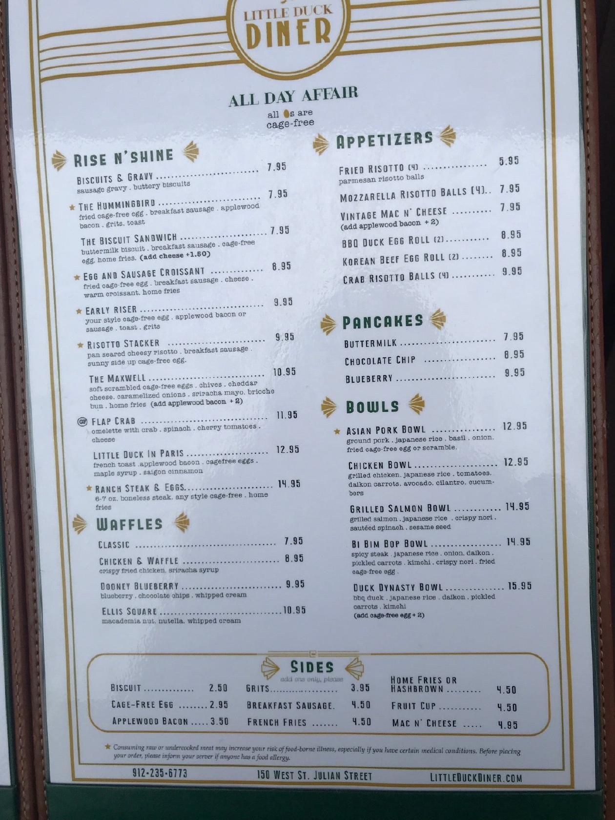 Menu at Little Duck Diner restaurant, Savannah