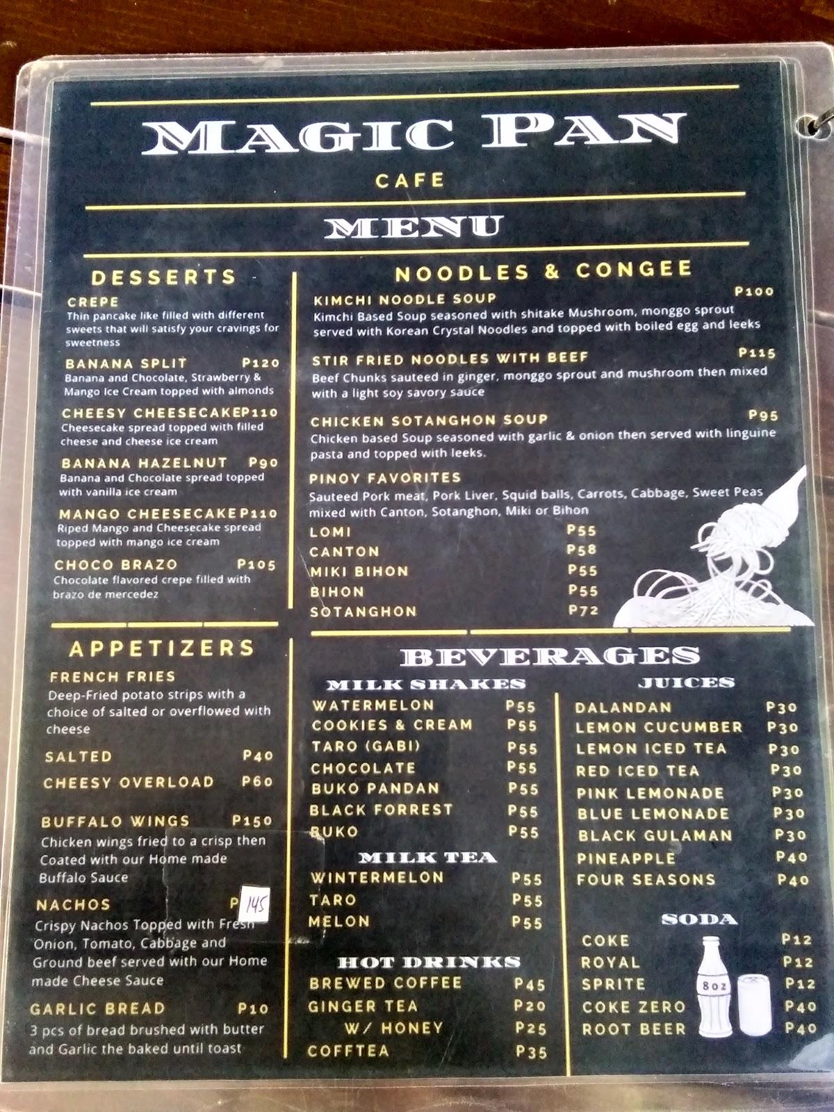 Menu at Magic Pan Cafe, Solano