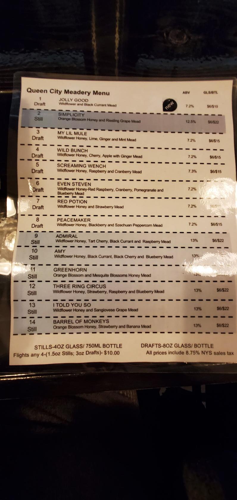 Menu at Queen City Meadery pub & bar, West Seneca
