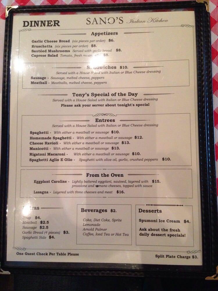 Menu at Sano's Italian Kitchen restaurant, Westminster