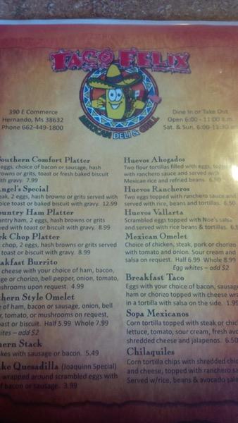 Menu at Taco Felix restaurant, Hernando, 390 E Commerce St