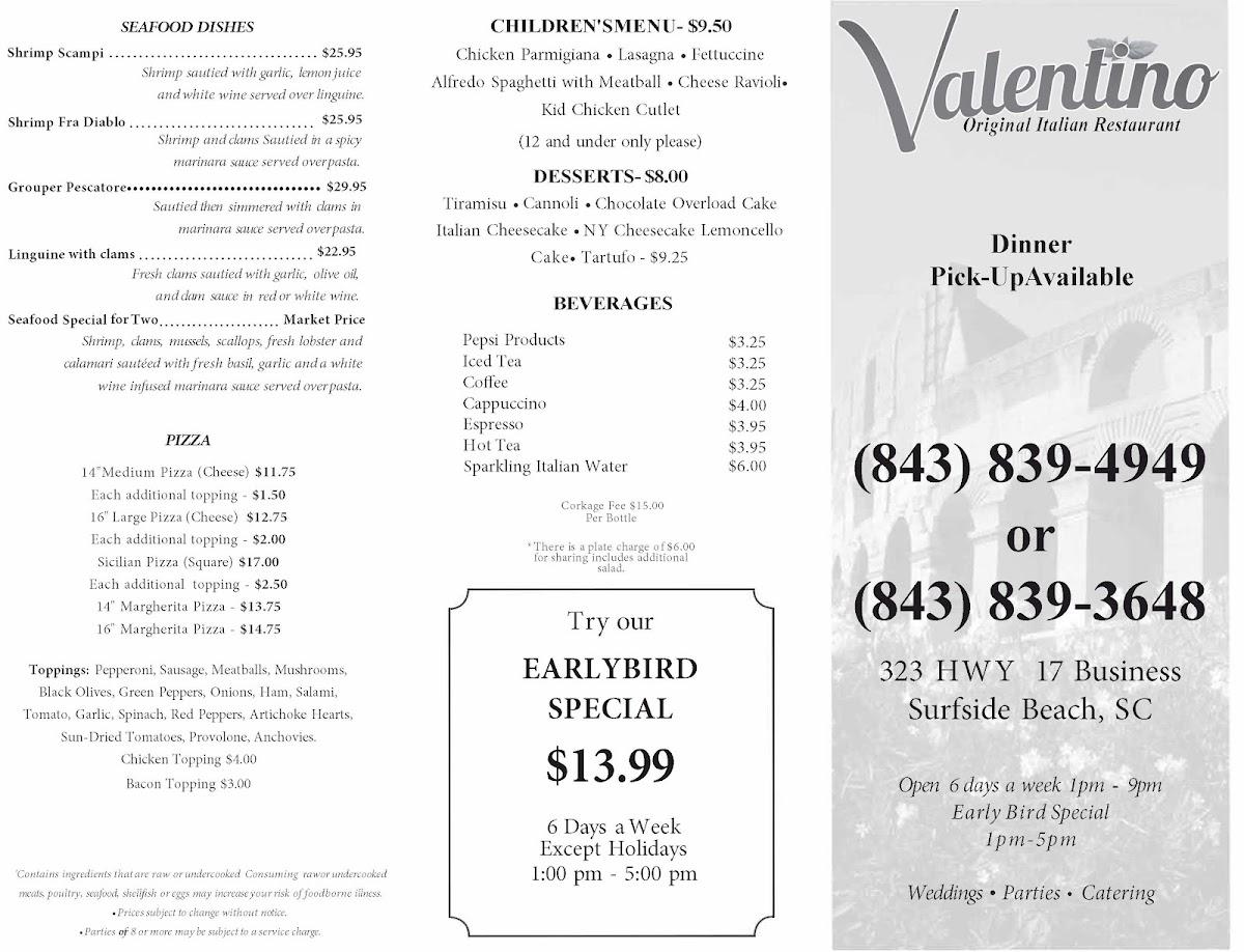 Menu at The Original Valentino Italian Restaurant, Surfside Beach