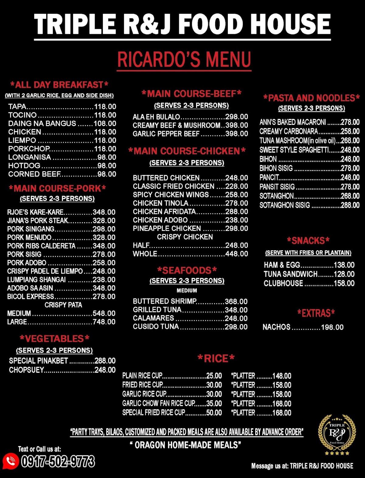 Menu at Triple R&J Food House restaurant, Legazpi City