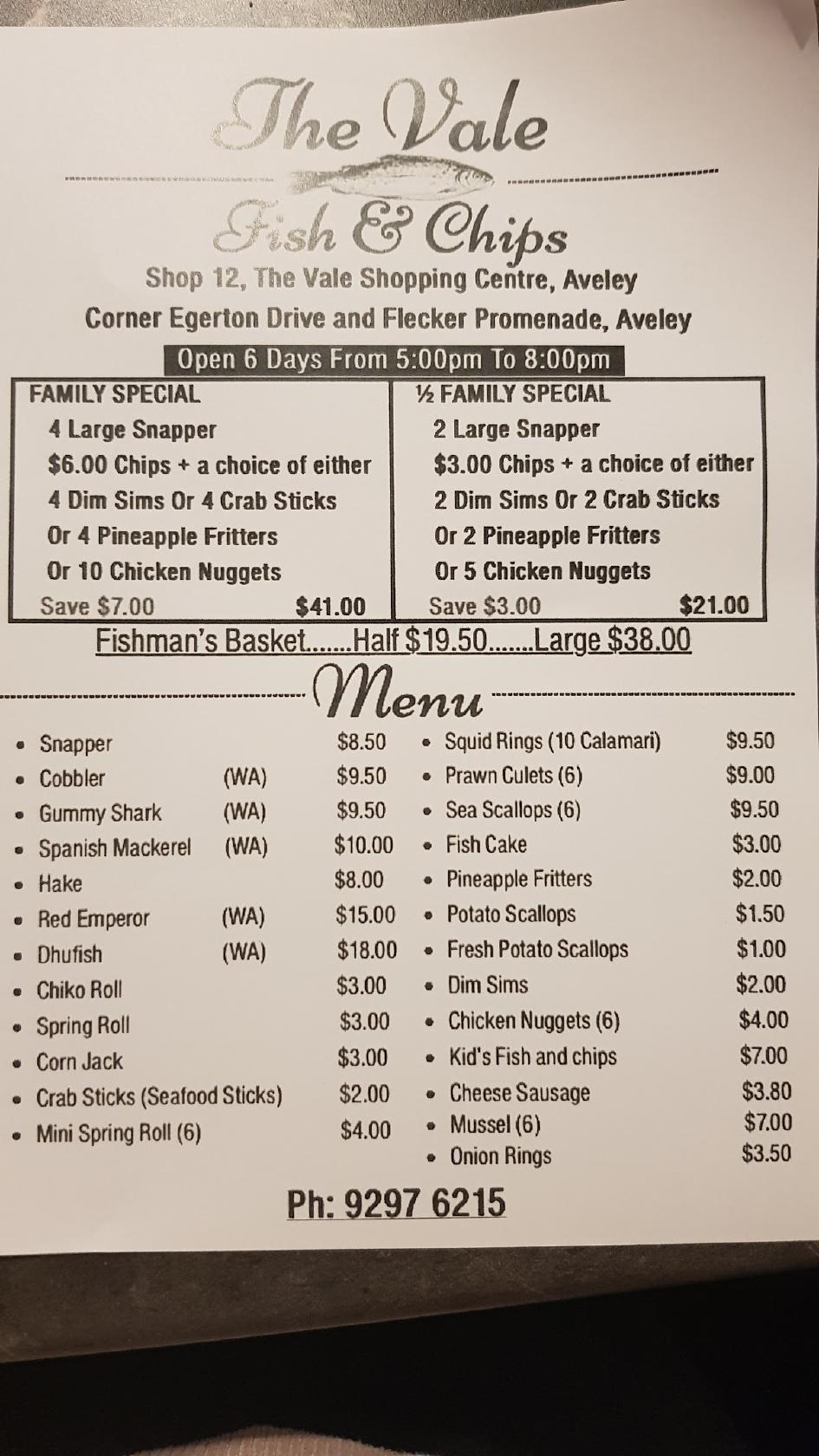 Menu at Vale Fish & Chips restaurant, Aveley