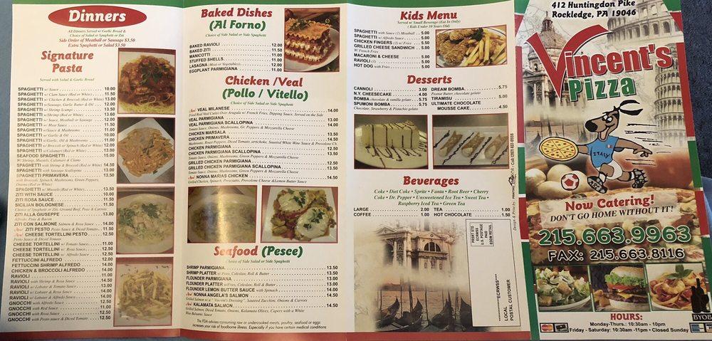 Menu at Vincent's Pizza pizzeria, Rockledge, 412 Huntingdon Pike