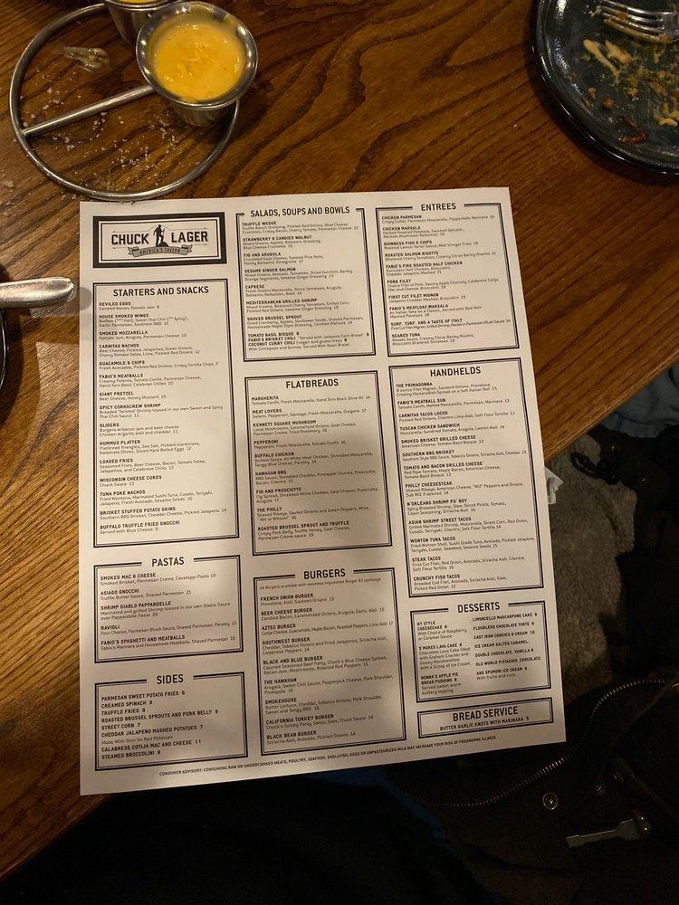 Menu at Chuck Lager America's Tavern restaurant, Pike Creek