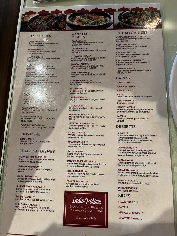Menu at India Palace restaurant, Montgomery, Vaughn Plaza Rd