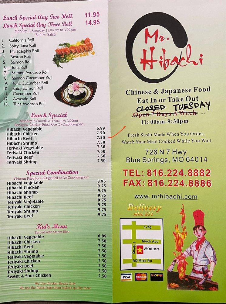 Menu at Mr Hibachi restaurant, Blue Springs, 726 MO-7